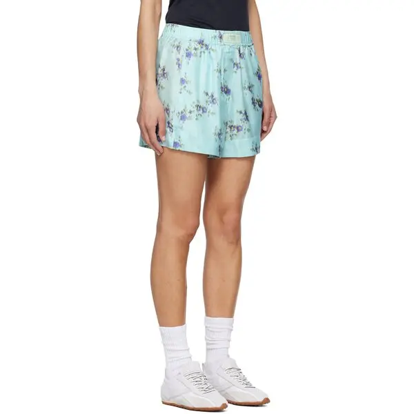 GANNI Printed Silk Shorts - Ice-blue