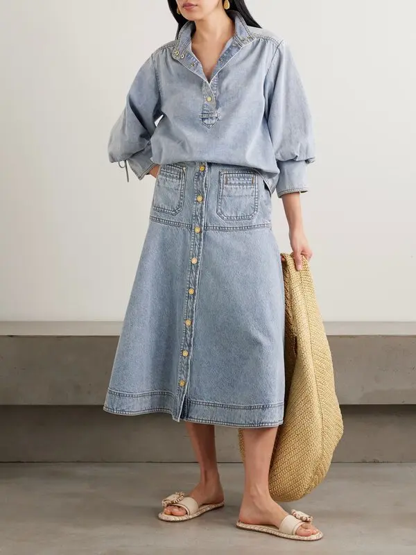 Zimmermann High-neck Puff Sleeve Denim Shirt