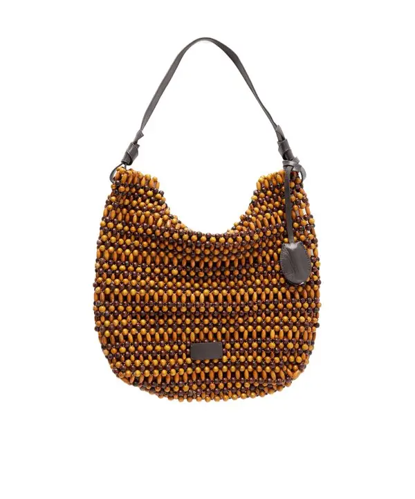 Staud Leather-trimmed Beaded Shoulder Bag - Brown