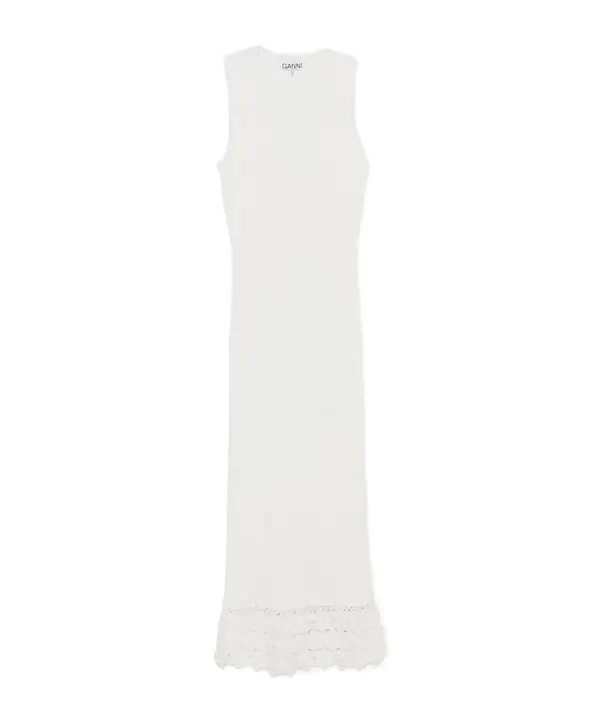GANNI Sleeveless V-neck Crochet Trim Maxi Dress - Egret Color