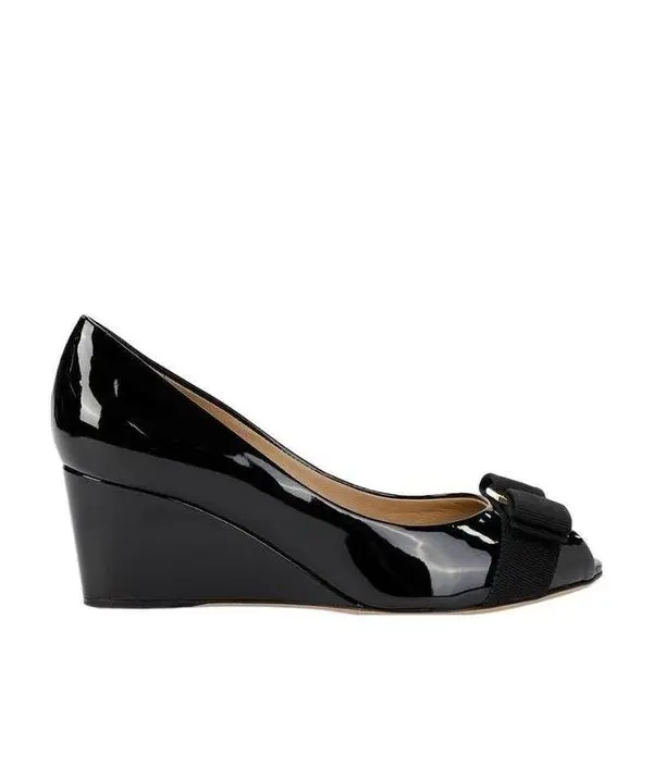 FERRAGAMO Patent Leather Open-toe Wedge Sandals With Bow Detailing