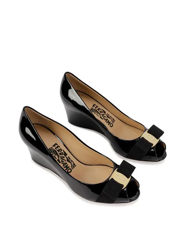 FERRAGAMO Patent Leather Open-toe Wedge Sandals With Bow Detailing