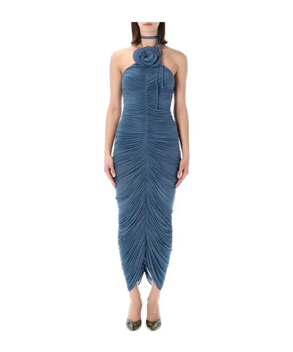 Magda Butrym Draped Halterneck Dress With Floral Appliqu - Blue
