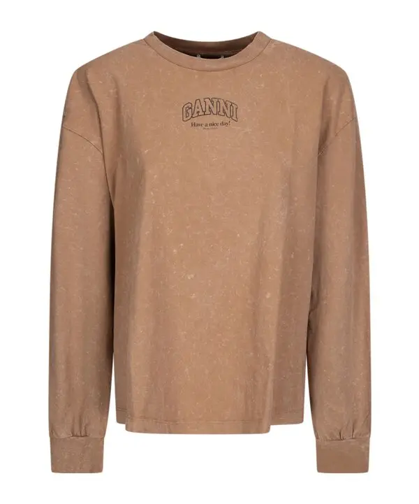 GANNI Long-sleeved Crewneck T-shirt - Brown