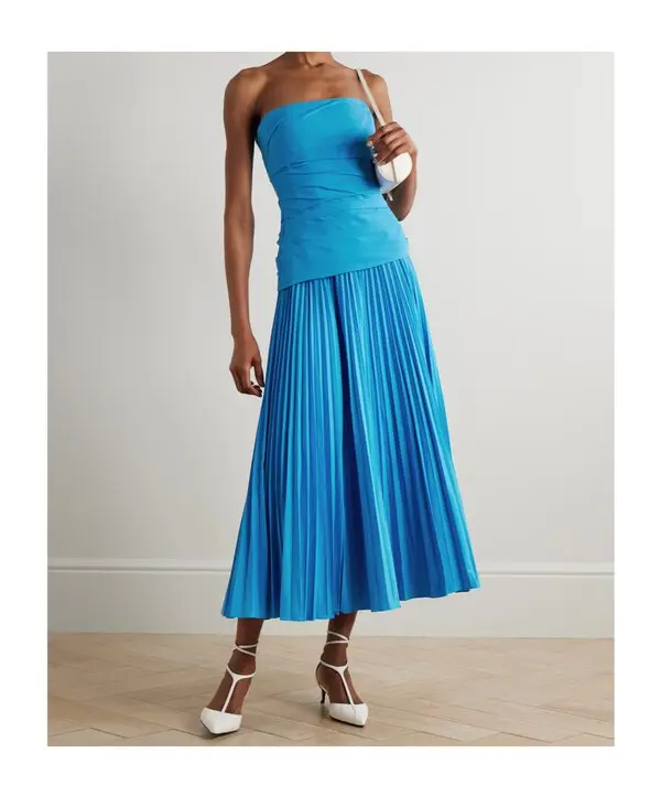 Simkhai Arie Strapless Gathered Pleated Midi Dress - Blue