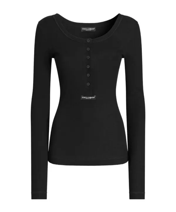 Dolce & Gabbana Ribbed Henley Long Sleeve Top - Black