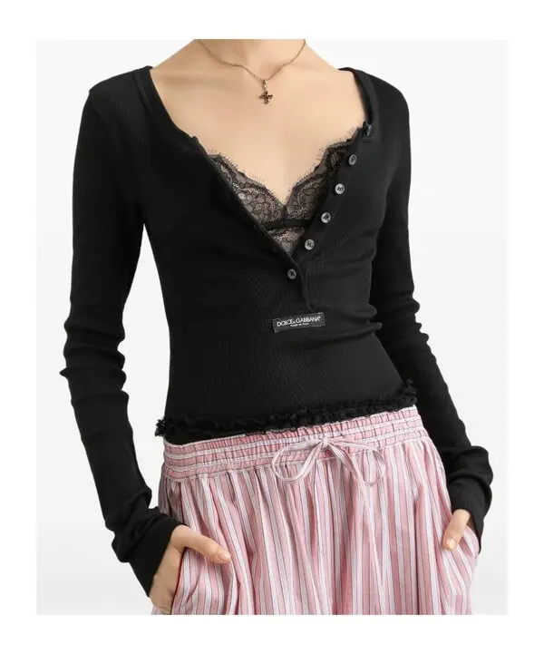 Dolce & Gabbana Ribbed Henley Long Sleeve Top