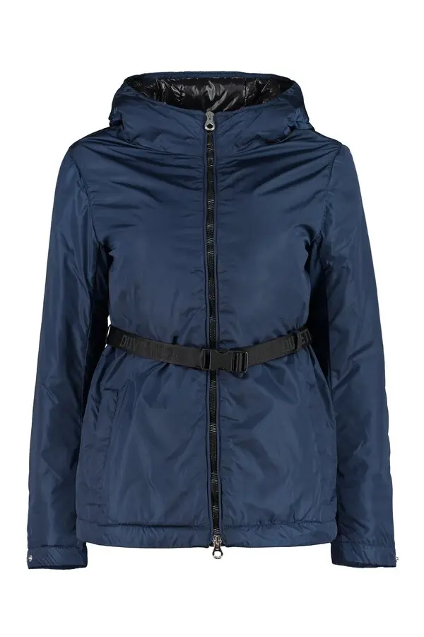 Duvetica Long-sleeved Hooded Down Jacket With Belt - Blue