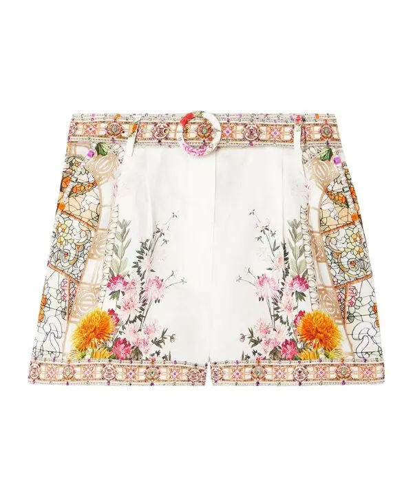 Camilla Belted Crystal-embellished Floral-print Linen Shorts - White