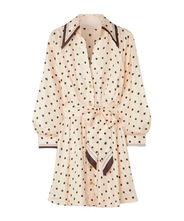Zimmermann Polka Dot Mini Shirt Dress With Tie