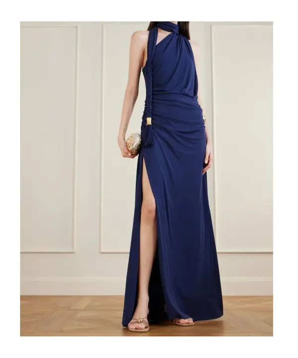 Simkhai Moira Halterneck Maxi Dress With Tassel Detail - Navy