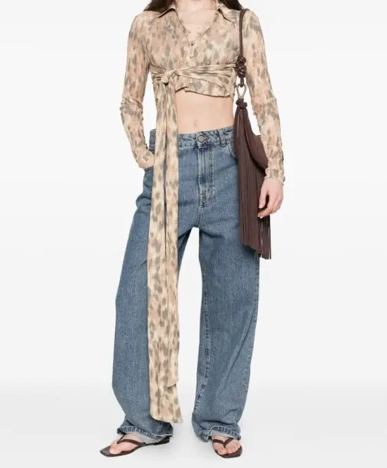 GANNI Printed Tie Detail Cropped Long Sleeve Shirt