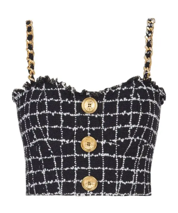 Balmain Tweed Cropped Top With Chain Straps