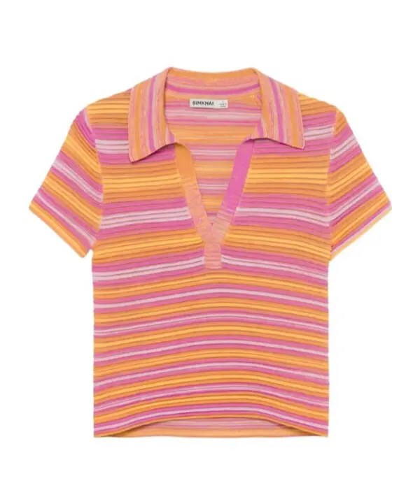Simkhai Knitted Striped Polo Top - Pink