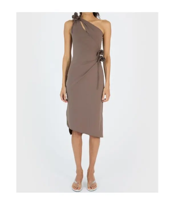 Coperni One-shoulder Flower Midi Gown Dress - Brown