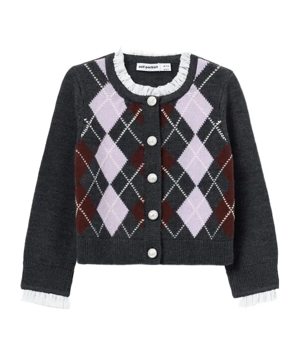 SELF-PORTRAIT Argyle Cardigan With Faux Pearl Embellishment