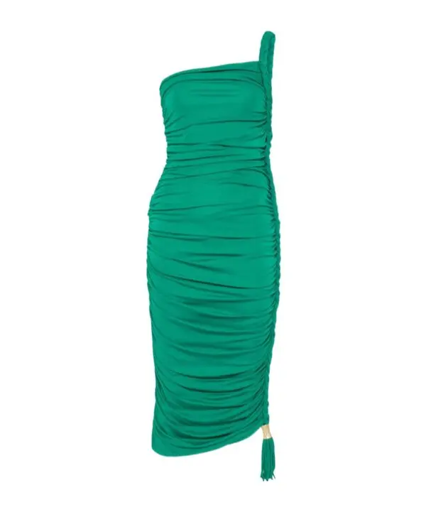 Simkhai One-shoulder Pleated Midi Dress With Tassel Embellishment
