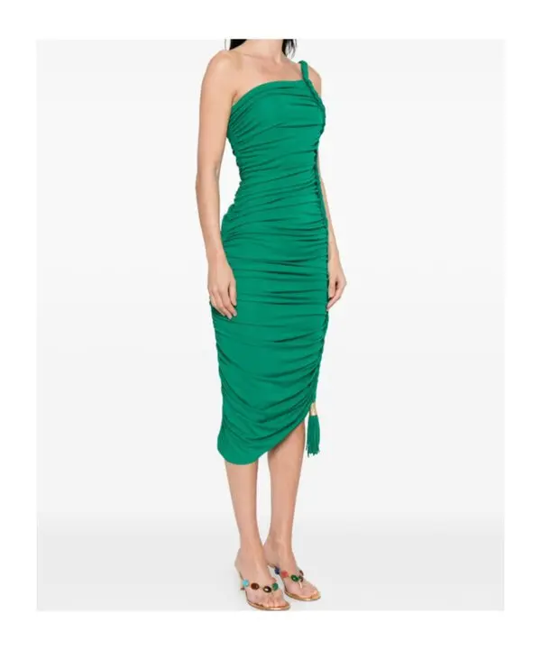 Simkhai One-shoulder Pleated Midi Dress With Tassel Embellishment