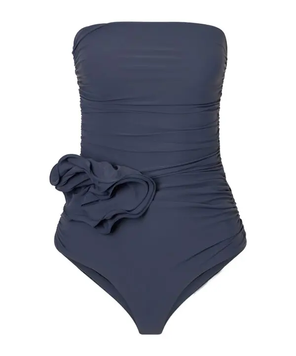Magda Butrym Strapless Gathered Swimsuit With Flower Appliqu - Blue