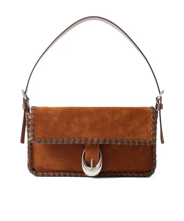 Staud Buckled Whipstitched Suede Shoulder Bag - Brown