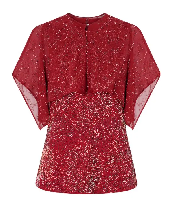 Rabanne Embellished Chiffon Cape Top - Red