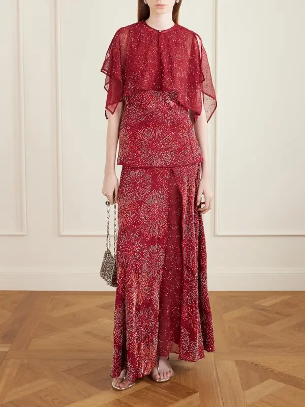 Rabanne Embellished Chiffon Cape Top - Red