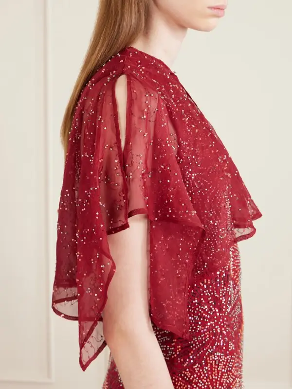 Rabanne Embellished Chiffon Cape Top - Red