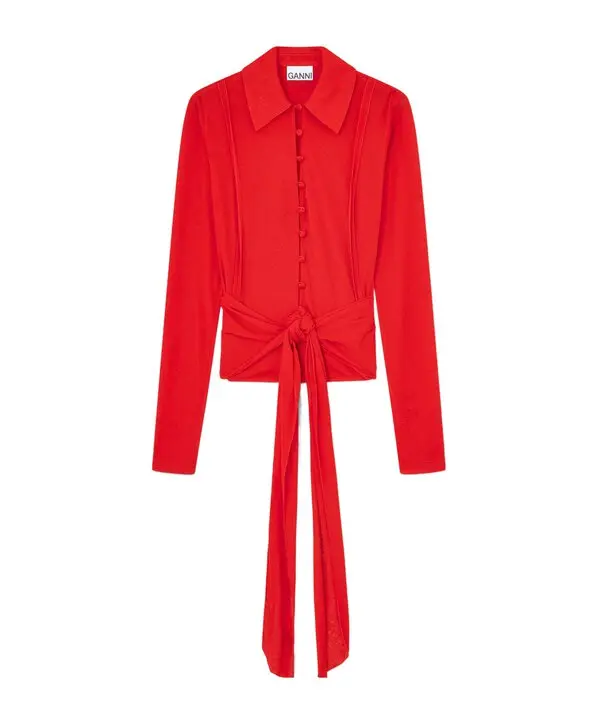 GANNI Draped Wrap Polo Top - Goji Berry
