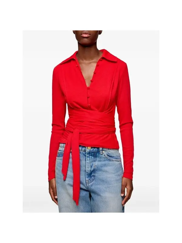 GANNI Draped Wrap Polo Top - Goji Berry