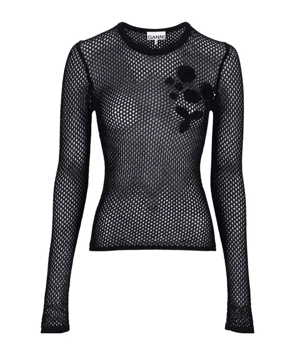 GANNI Floral Appliqué Crochet-knit Sweater