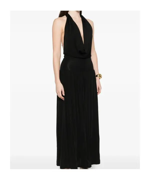 AYA MUSE Halterneck Maxi Dress With V-neck And Pleated Details - Black