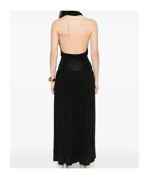 AYA MUSE Halterneck Maxi Dress With V-neck And Pleated Details - Black