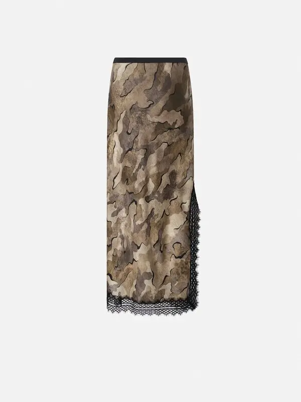 Pinko Camouflage Print Lace-trim Midi Skirt