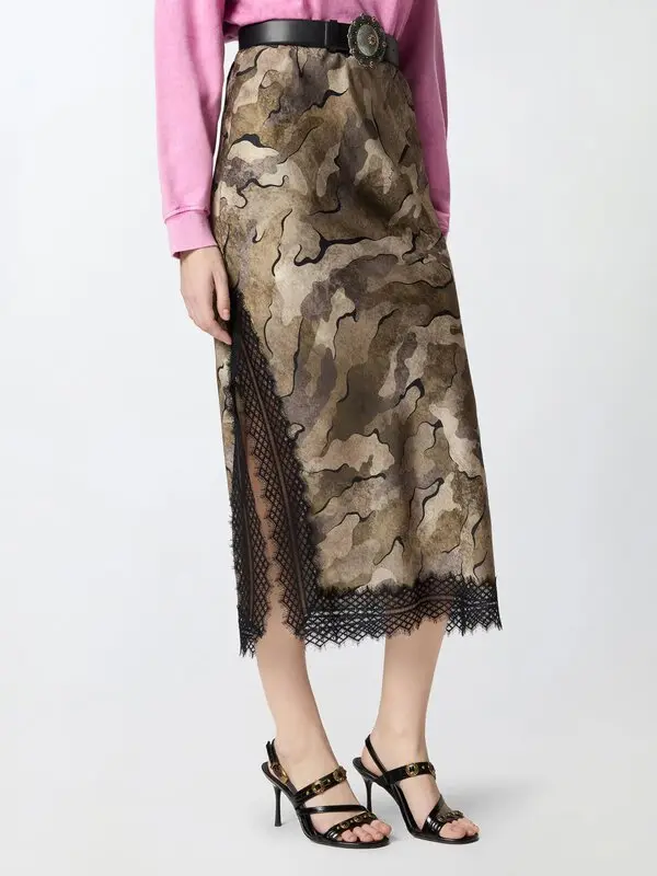 Pinko Camouflage Print Lace-trim Midi Skirt