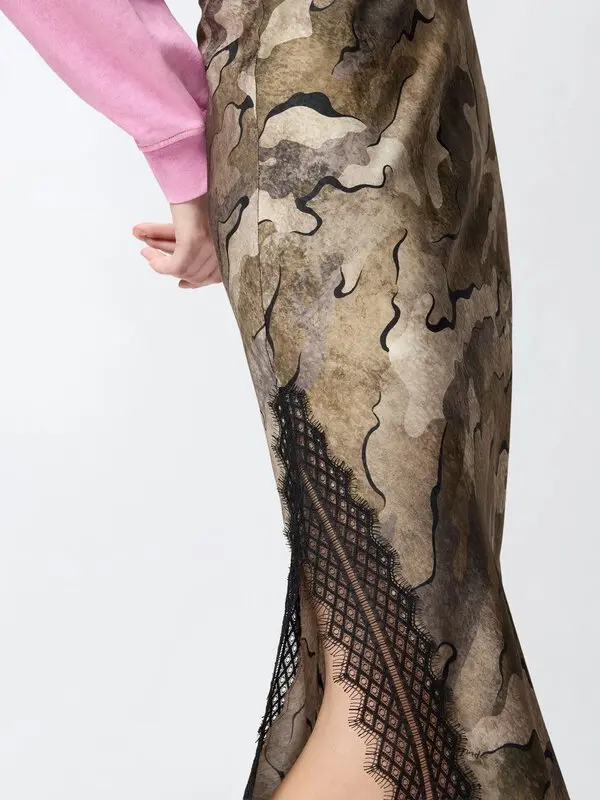 Pinko Camouflage Print Lace-trim Midi Skirt