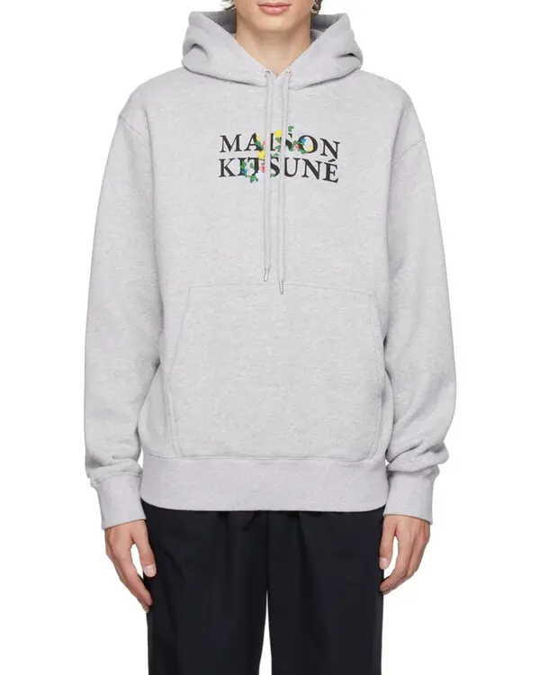 Maison Kitsuné Logo Printed Drawstring Hoodie - Gray