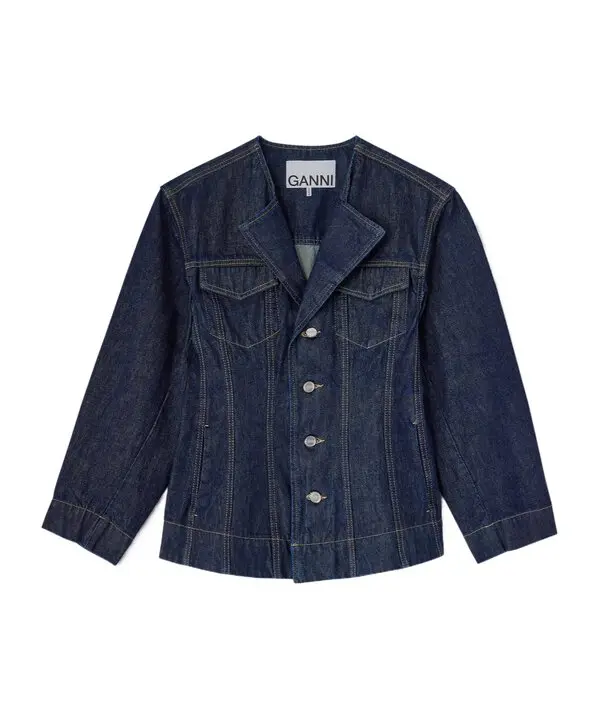GANNI V-neck Long Sleeve Denim Jacket With Silver Logo Hardware - Wash Color