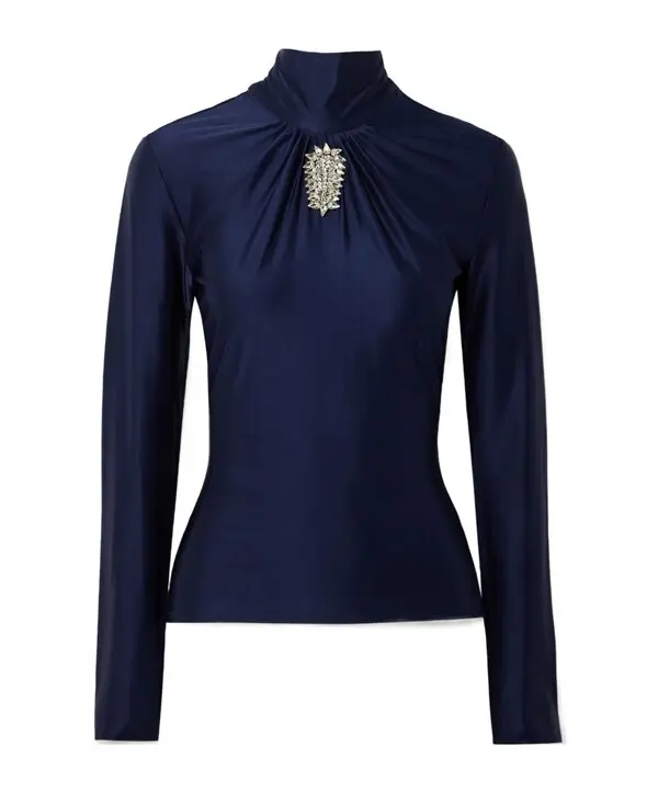 Rabanne Pleated Turtleneck Top With Crystal Embellishments