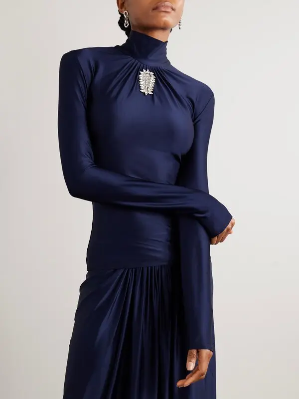 Rabanne Pleated Turtleneck Top With Crystal Embellishments