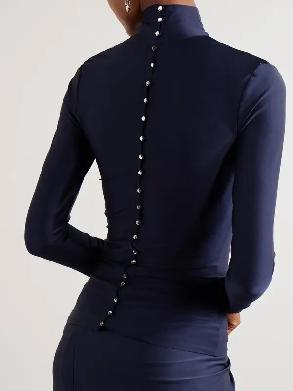 Rabanne Pleated Turtleneck Top With Crystal Embellishments