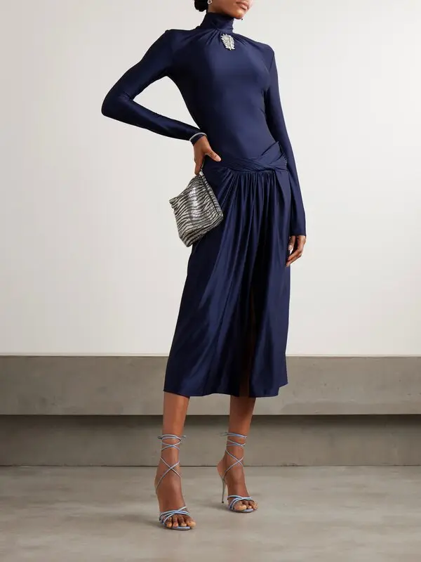 Rabanne Pleated Turtleneck Top With Crystal Embellishments