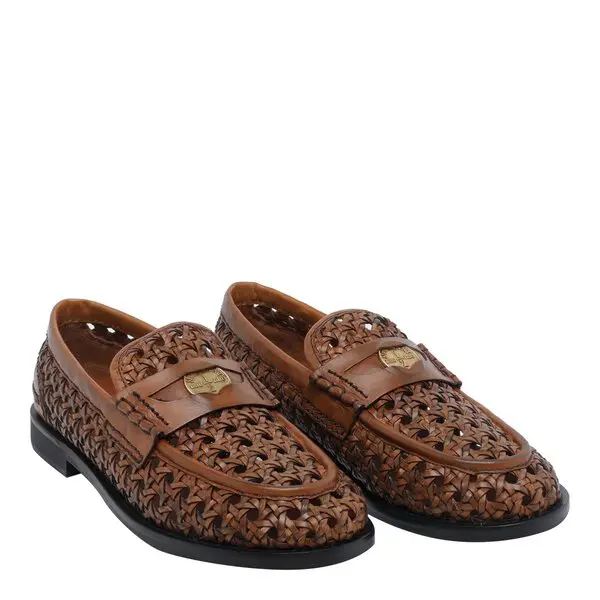 Miu Miu Woven Round Toe Loafers - Cognac