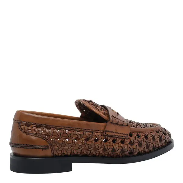 Miu Miu Woven Round Toe Loafers - Cognac