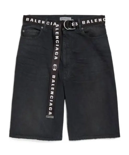 Balenciaga Logo Belted Denim Shorts - Black
