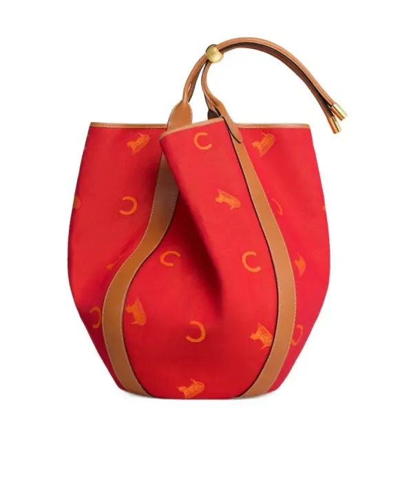 Celine Large Drop Bucket Bag In Jacquard C Sulky Textile - Red/orange