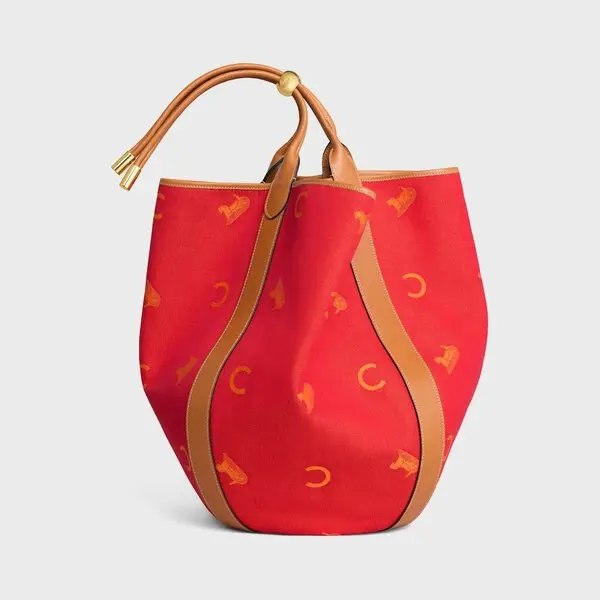 Celine Large Drop Bucket Bag In Jacquard C Sulky Textile - Red/orange
