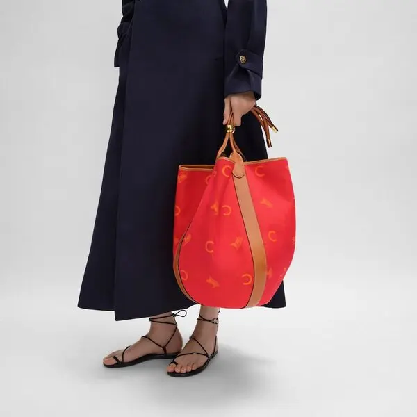 Celine Large Drop Bucket Bag In Jacquard C Sulky Textile - Red/orange