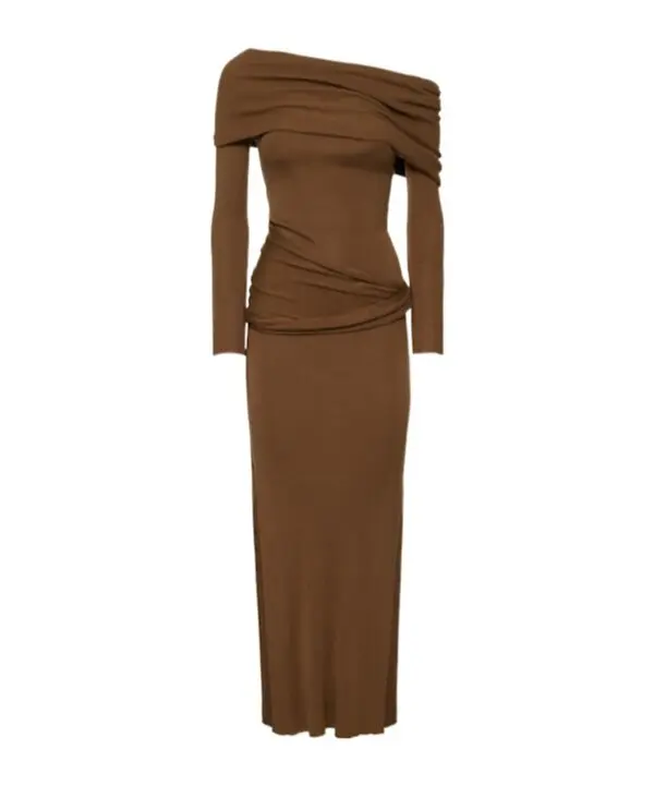 AYA MUSE Long Sleeve Draped Maxi Dress With Slit - Brown