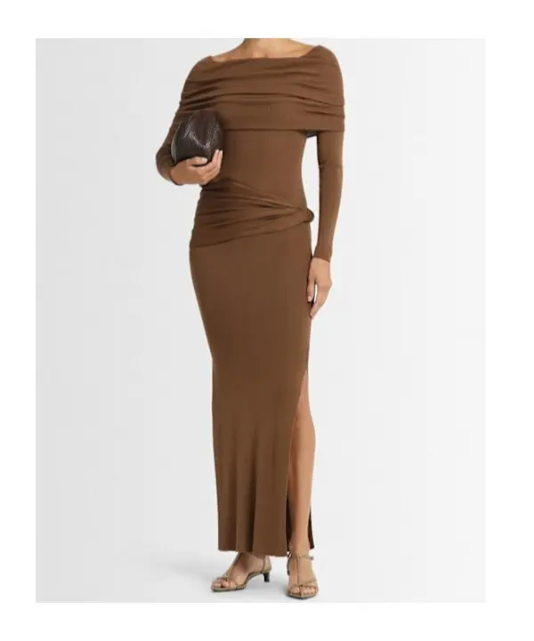 AYA MUSE Long Sleeve Draped Maxi Dress With Slit - Brown