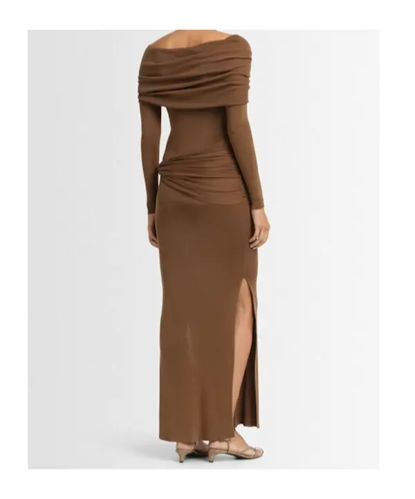 AYA MUSE Long Sleeve Draped Maxi Dress With Slit - Brown